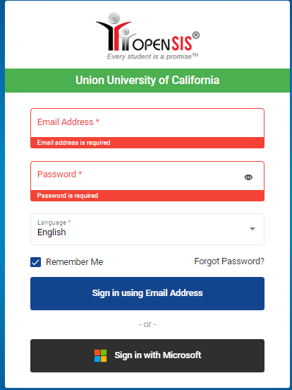 Đăng nhập vào hệ thống trường (Open SIS) – UNION UNIVERSITY OF CALIFORNIA